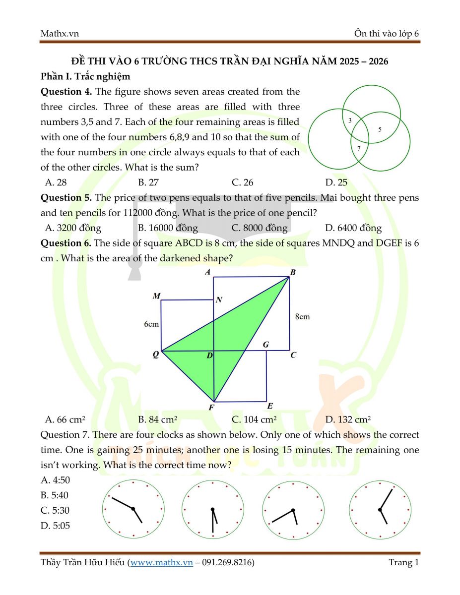 ĐỀ THI VÀO 6 TRƯỜNG THCS TRẦN ĐẠI NGHĨA NĂM 2025 - 2026